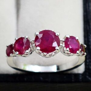 7 MM Round Cut Natural Red Ruby Gemstone 925 Sterling Silver July Birthstone Three Stone Proposal Ring For Girlfriend Gift (Rose Gold Rhodium Plated Silver, 9)