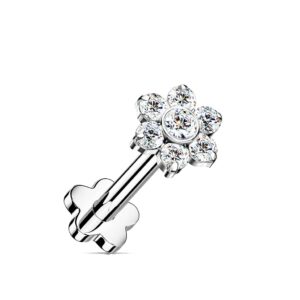 dynamique implant grade titanium threadless push in flower base labret, flat back studs with cz flower top for cartilage, monroe (sold per piece)