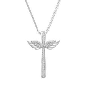 timeless love 1/10 ct diamond wing cross pendant set in sterling silver, necklace with 18" cable spring ring, dainty jewelry for women, luxury fashion pendant necklaces for women or girls