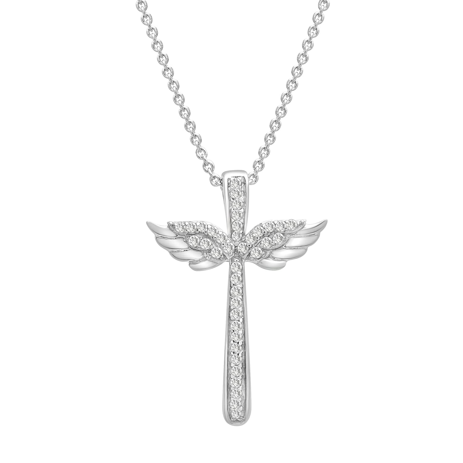 Timeless Love 1/10 CT Diamond Wing Cross Pendant Set in Sterling Silver, Necklace with 18" Cable Spring Ring, Dainty Jewelry for Women, Luxury Fashion Pendant Necklaces for Women or Girls