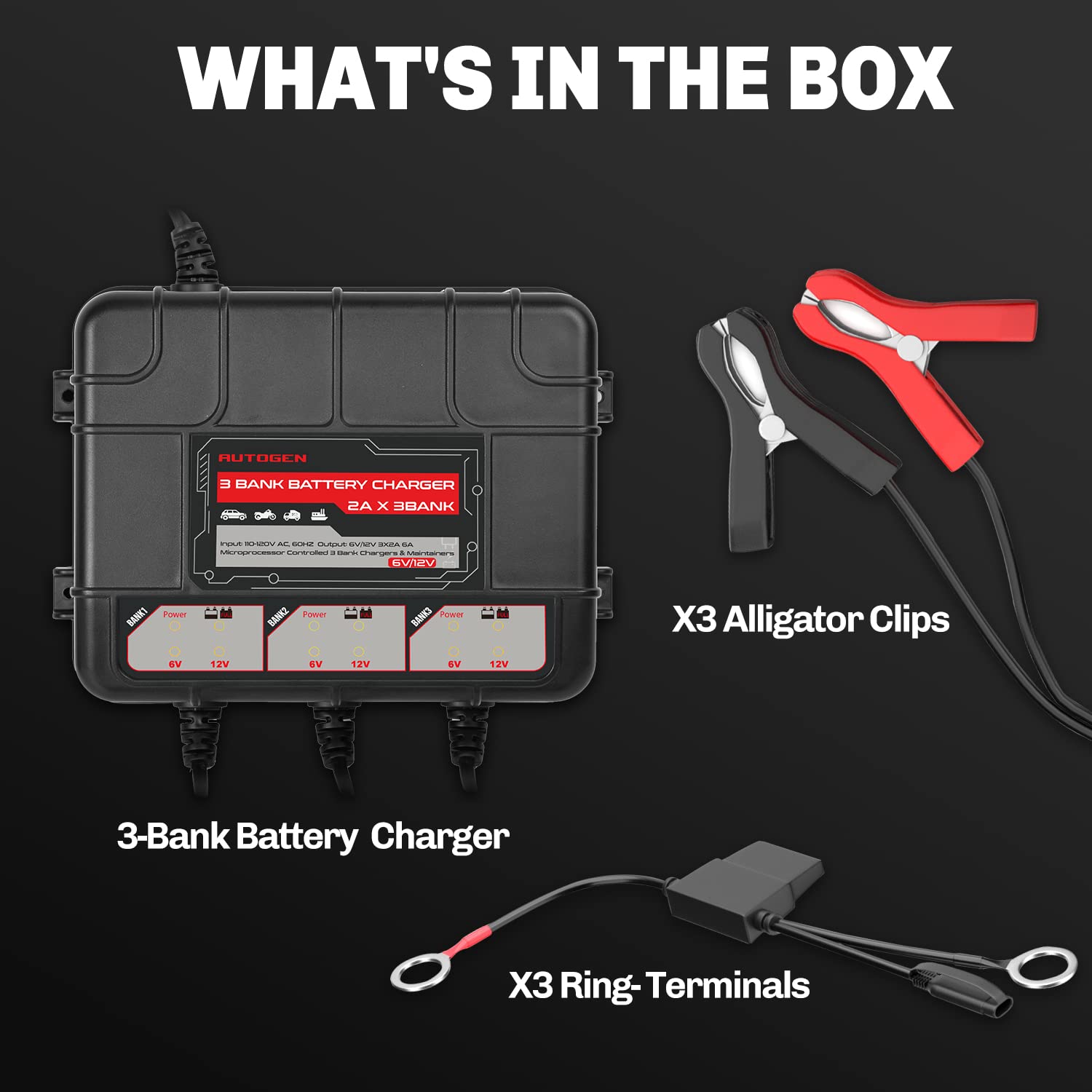 AUTOGEN 3-Bank Marine Battery Charger, 6-Amp (2-Amp Per Bank) Smart Battery Trickle Charger Maintainer, 6V & 12V Onboard Battery Charger and Battery Maintainer