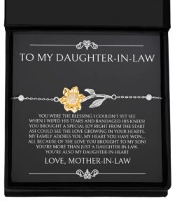 daughter in law bracelet, to my daughter-in-law gifts for birthday, valentine's day, wedding day, future daughter-in-law gifts from mother-in-law, silver plated zinc, cubic zirconia