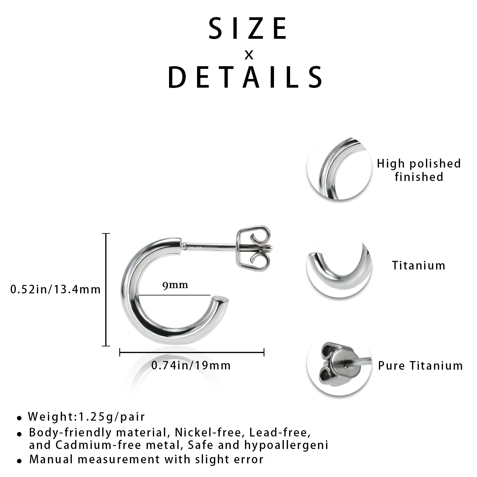 TGNEL Tiny Titanium Earrings Hoops Open C Titanium Hoops for Women Men, 2mm Thin Lightweight Round Surgical Grade Titanium Earrings Hypoallergenic for Sensitive Ear (9mm Silver)