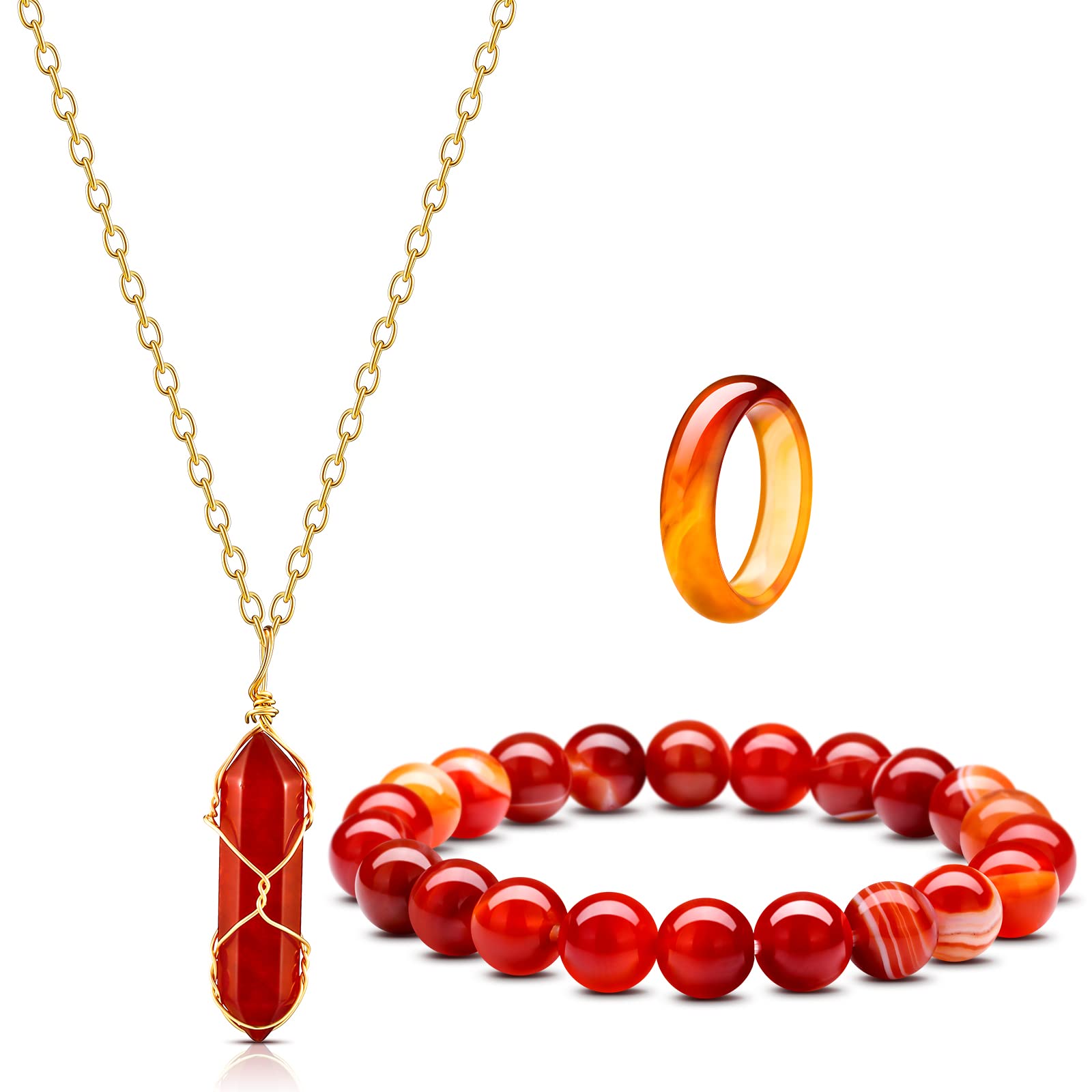 Hicarer Carnelian Crystal Necklace for Women Men Red Carnelian Rings Natural Relieve Anxiety Gemstone Bracelet Crystal Quartz Chakra Gems Stones (Classic Style)