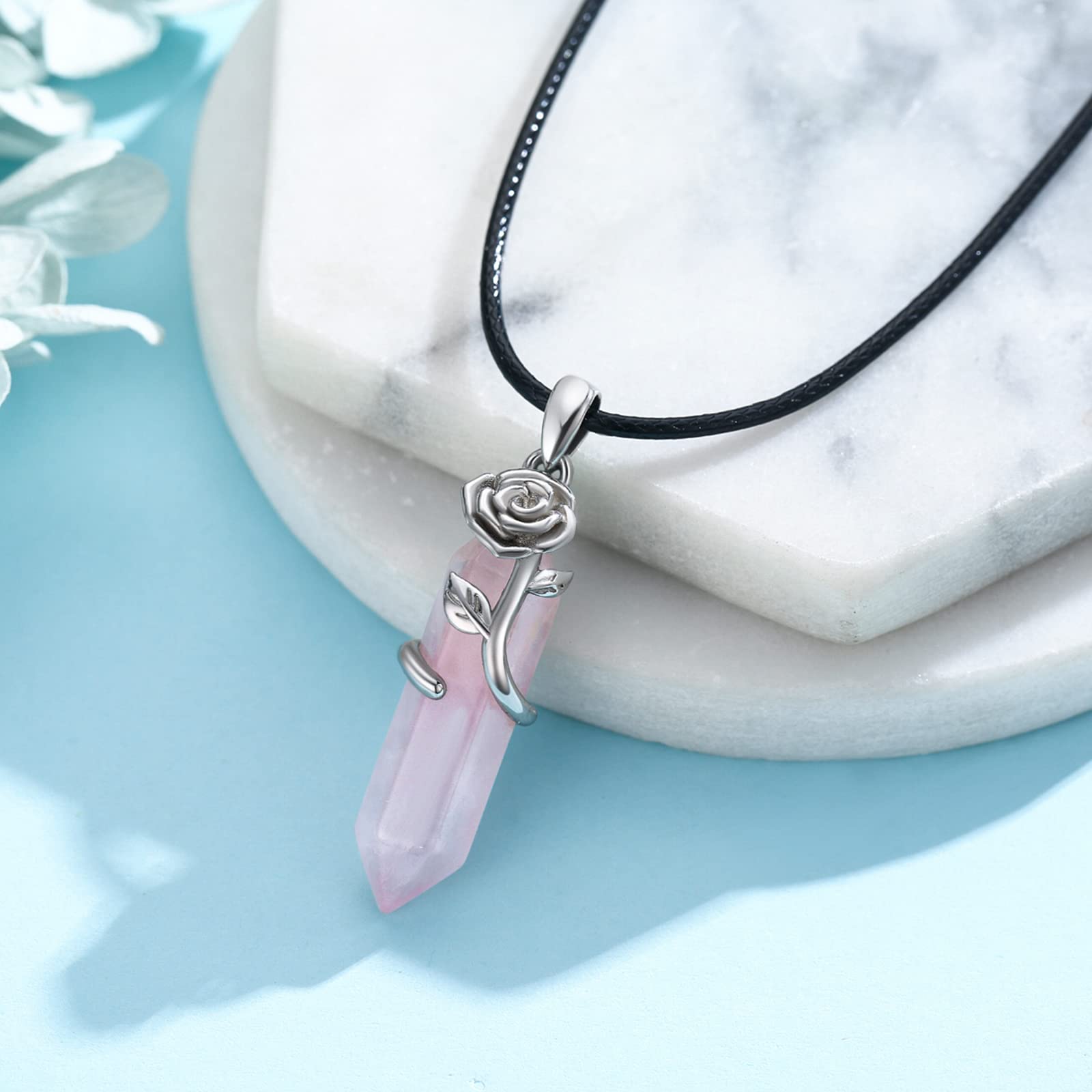 OHAYOO Crystal Rose Quartz Pendant Necklace for Women 925 Sterling Silver Wrapped Healing Stone Rose Flower Hexagonal Quartz Pendant Gifts for Women