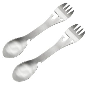 pinenjoy 2pcs camping multi-function spork 5 in 1 spoon fork knife can bottle opener combo 18/10(304) stainless steel portable utensils for outdoor picnic hiking fishing boating bbq travel