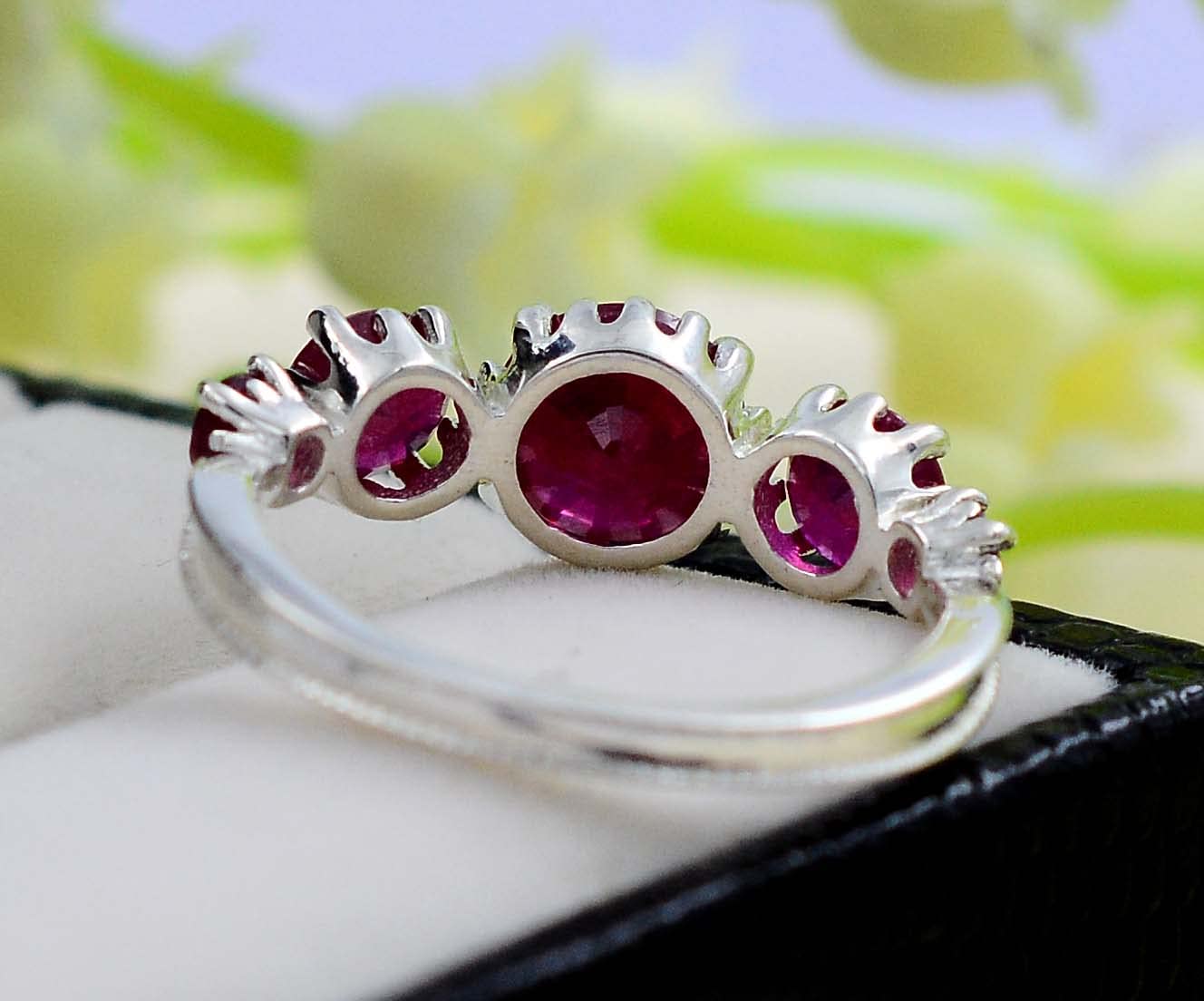 7 MM Round Cut Natural Red Ruby Gemstone 925 Sterling Silver July Birthstone Three Stone Proposal Ring For Girlfriend Gift (Rose Gold Rhodium Plated Silver, 9)