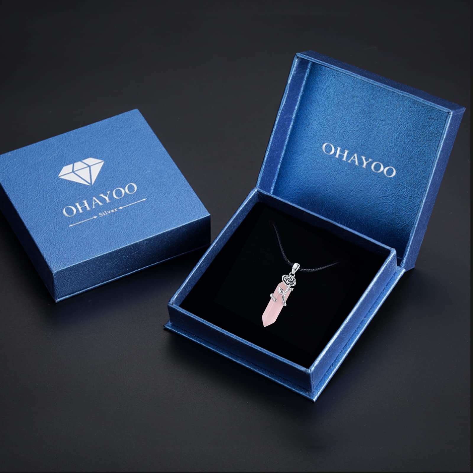 OHAYOO Crystal Rose Quartz Pendant Necklace for Women 925 Sterling Silver Wrapped Healing Stone Rose Flower Hexagonal Quartz Pendant Gifts for Women