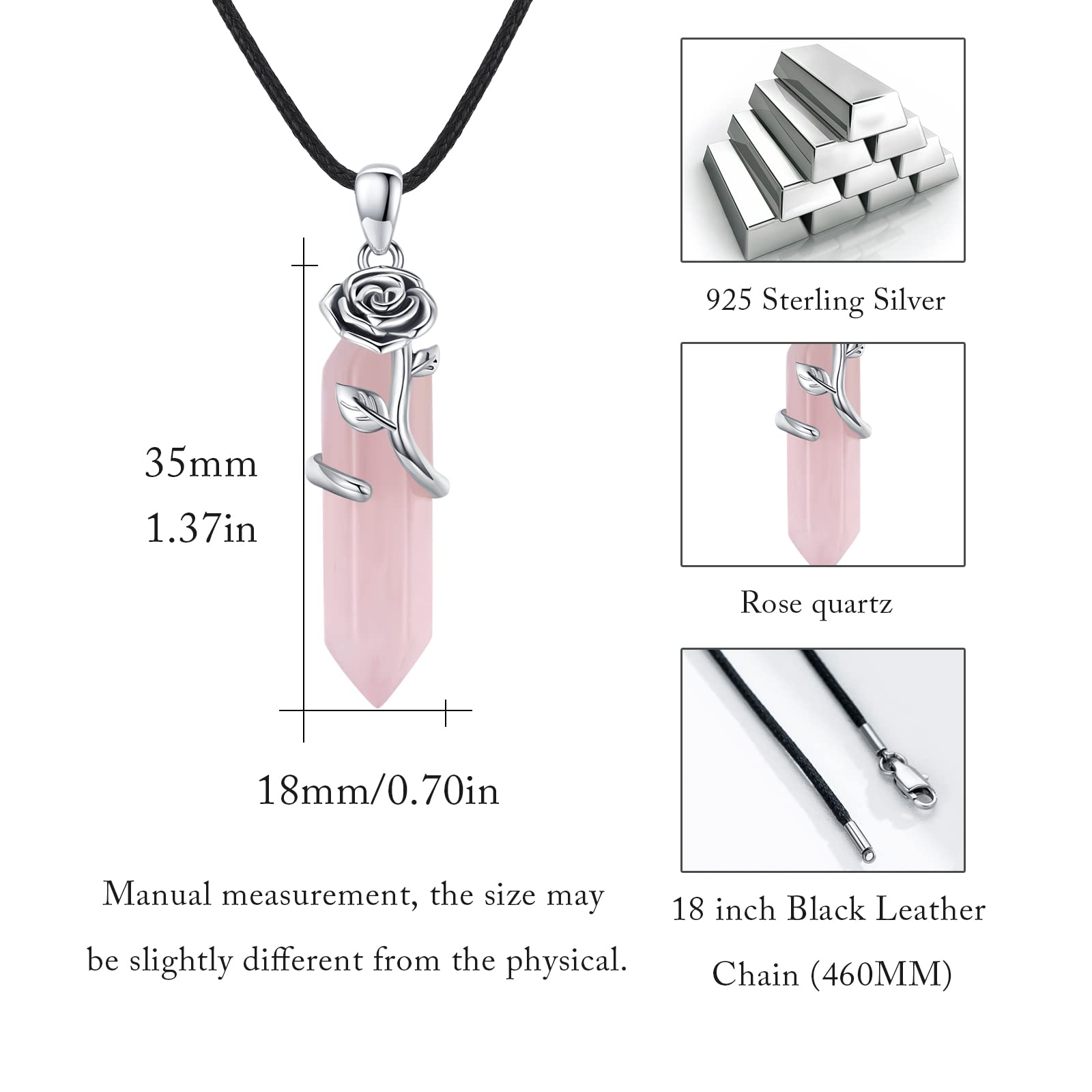 OHAYOO Crystal Rose Quartz Pendant Necklace for Women 925 Sterling Silver Wrapped Healing Stone Rose Flower Hexagonal Quartz Pendant Gifts for Women