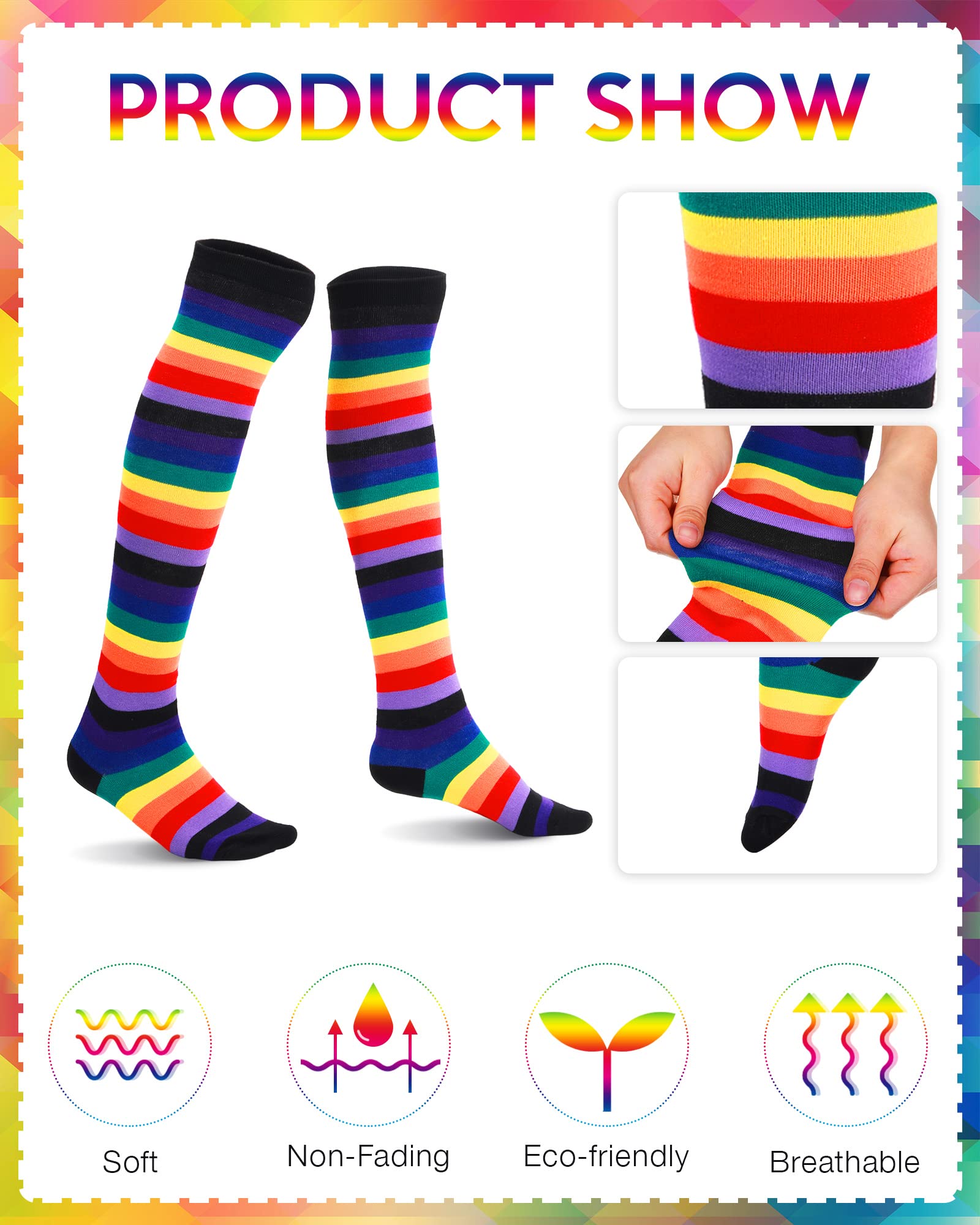 Chuarry 8 Pairs Women's Rainbow Thigh High Socks Fingerless Arm Warmer Set Long Striped High Socks Leg Warmers for Pride Fest(Mixed Color,Classic Style)