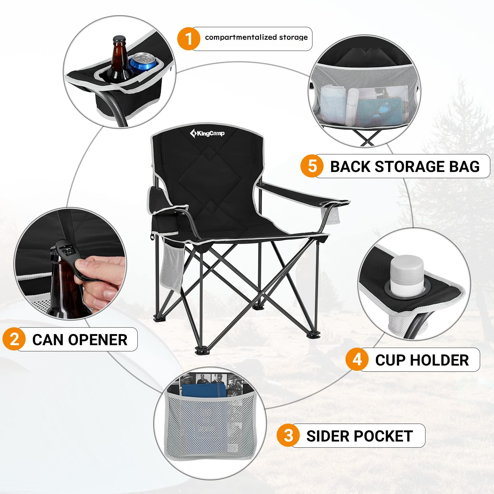 KingCamp Oversized Folding Camping Carry Bag Portable Outdoor Heavy Duty Padded Chairs, Black