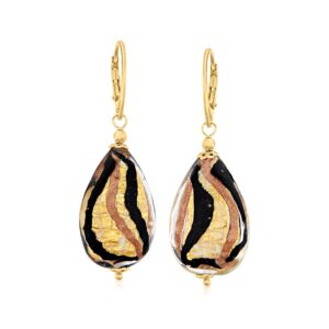 ross-simons italian black and goldtone murano glass drop earrings in 18kt gold over sterling