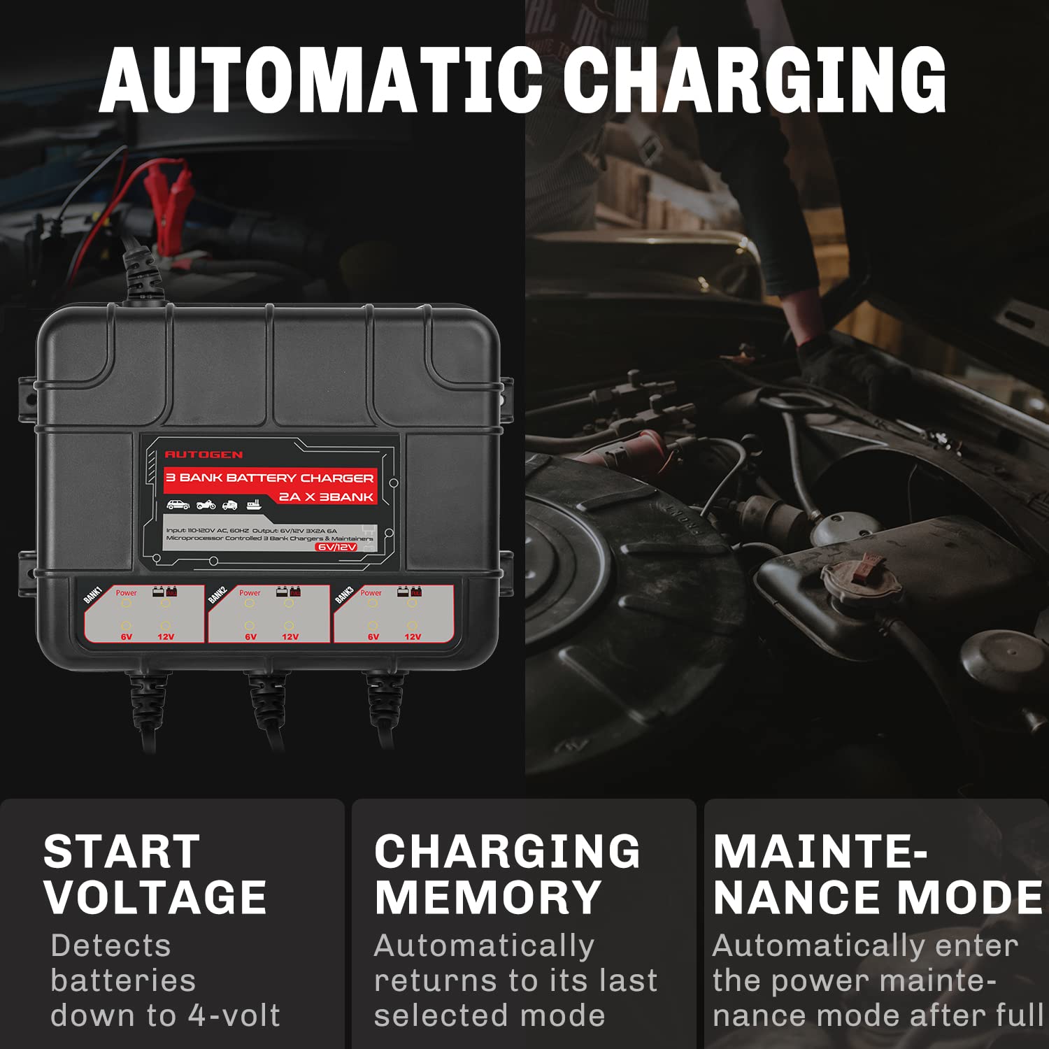 AUTOGEN 3-Bank Marine Battery Charger, 6-Amp (2-Amp Per Bank) Smart Battery Trickle Charger Maintainer, 6V & 12V Onboard Battery Charger and Battery Maintainer