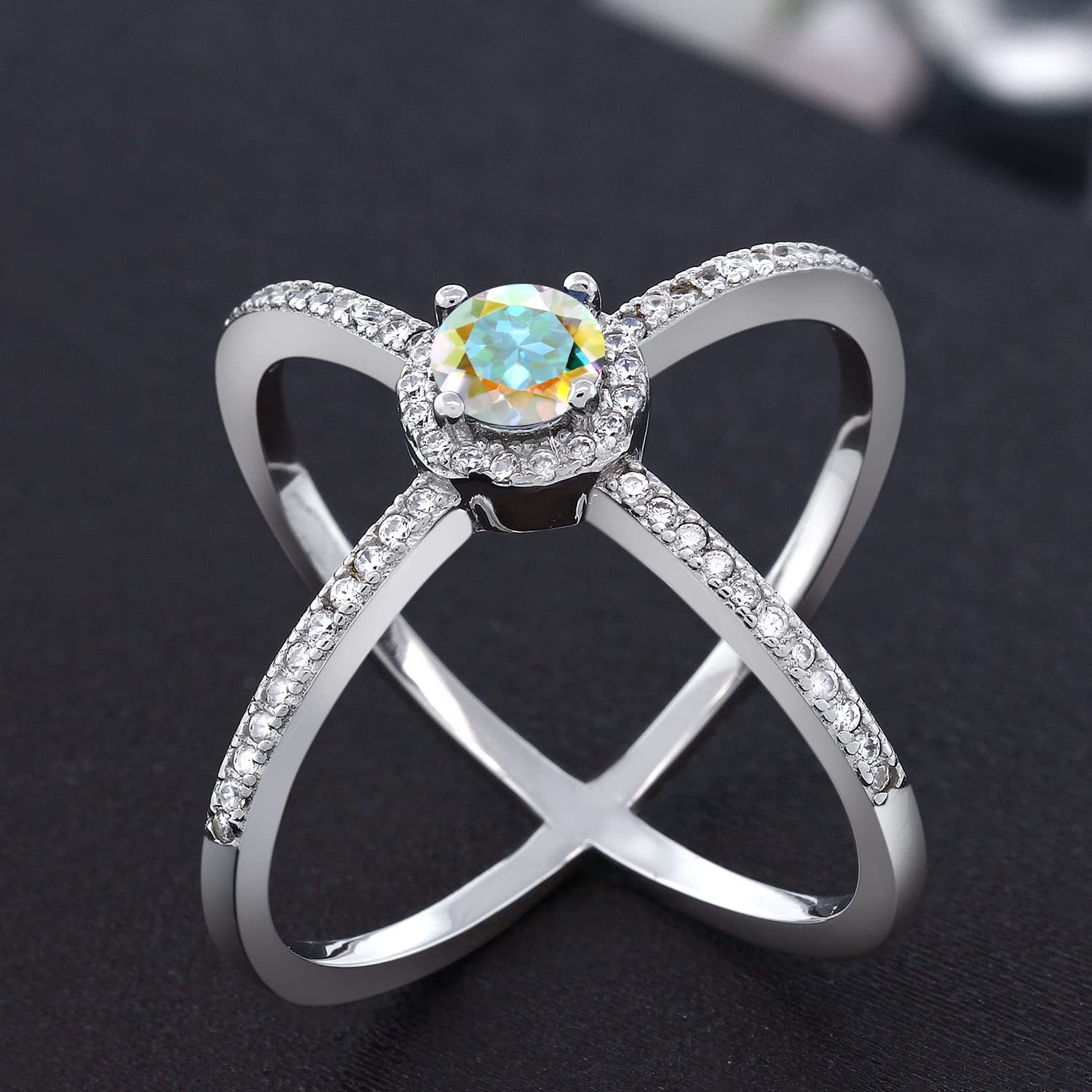 Gem Stone King 925 Sterling Silver Round Mercury Mist Mystic Topaz Criss Cross X Ring For Women (1.37 Cttw, Available In Size 5, 6, 7, 8)