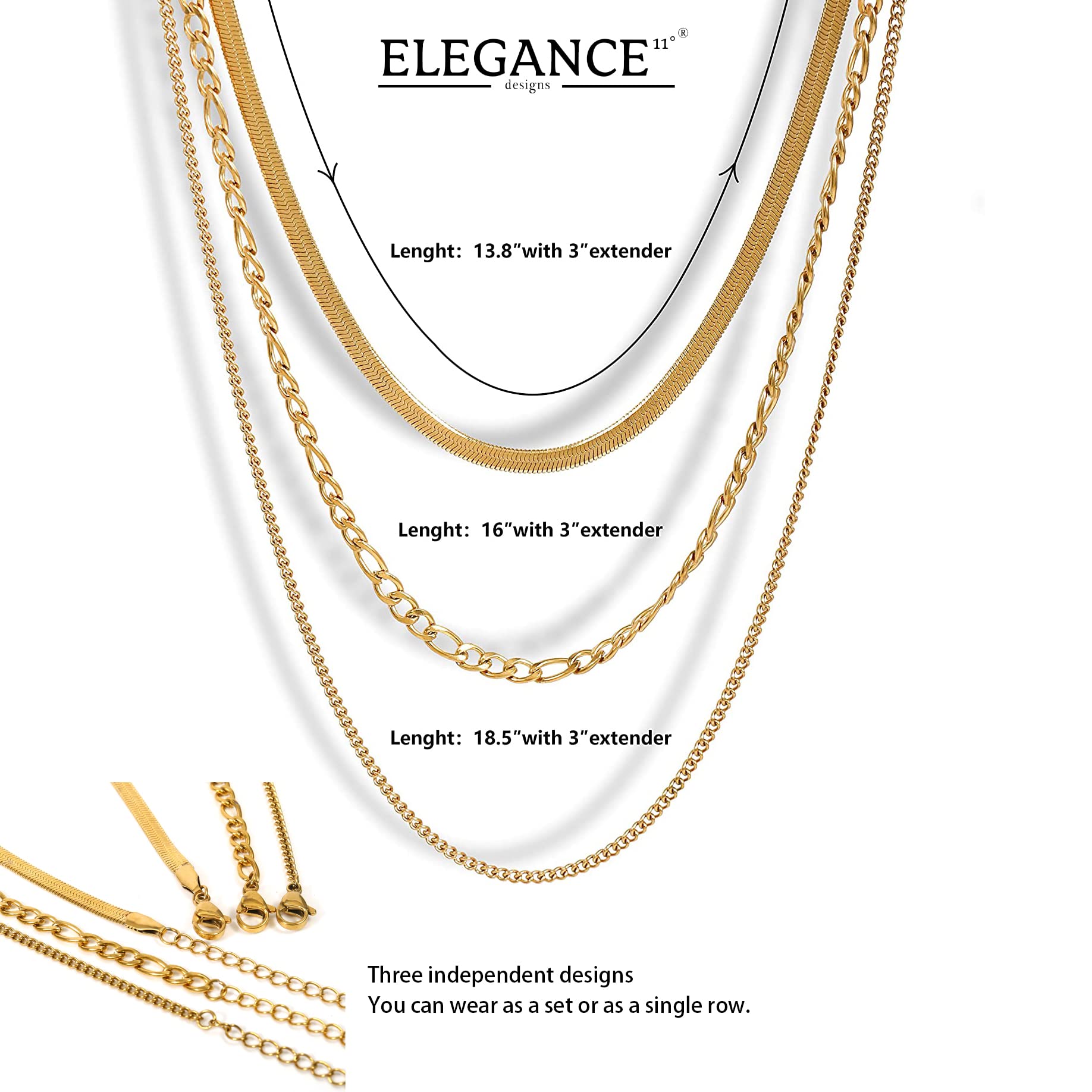 Elegance 11 designs 14k Gold Layered Herringbone Figaro Chain Necklaces Set For Women Real Gold Plated Stainless Steel Choker Flat Snake Chain Gold Non Tarnish Jewelry For Women