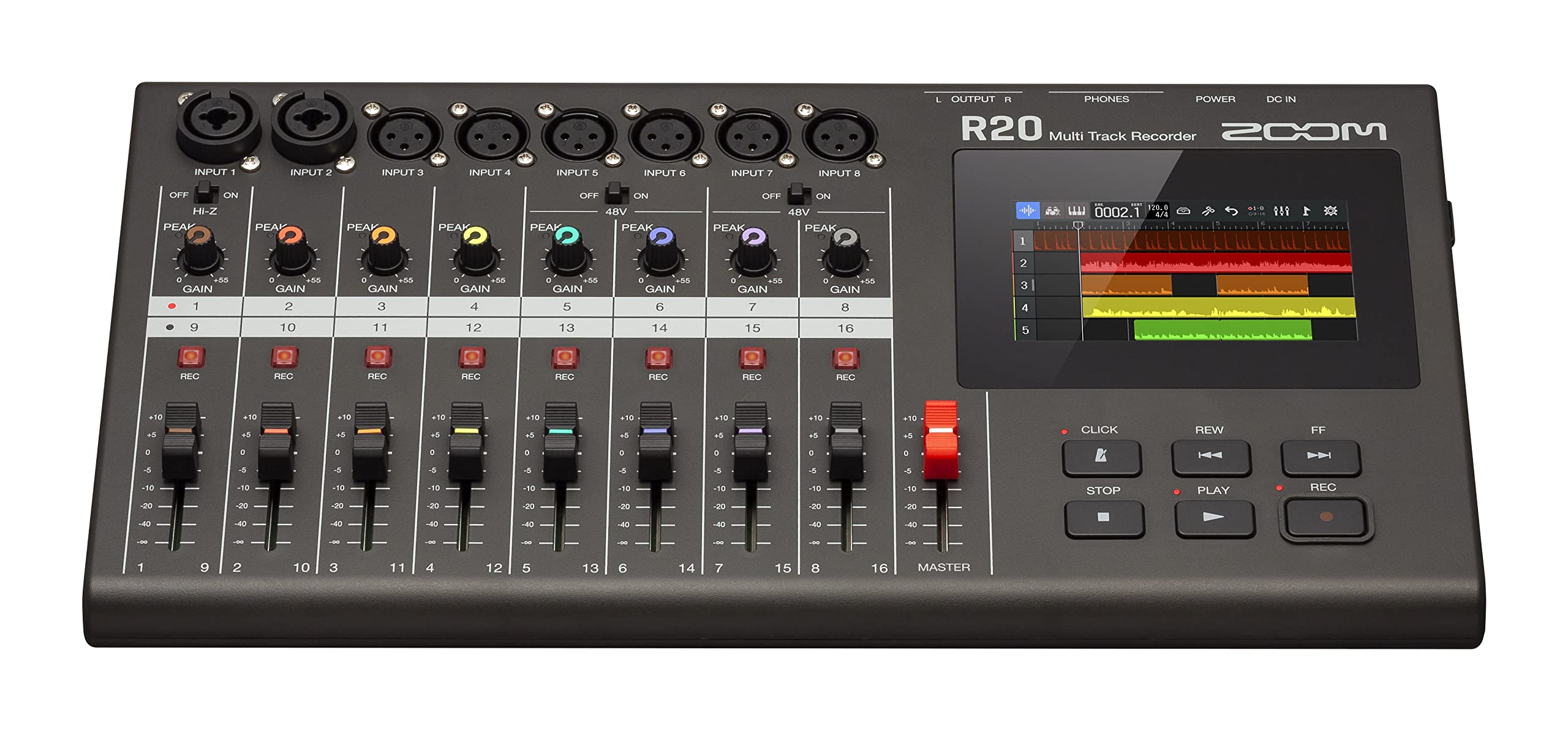 Zoom R20 Multi Track Tabletop Recorder, with Touchscreen, Onboard Editing, 16 Tracks, 6 XLR Inputs, 2 Combo Inputs, Effects, Synth, Drum Loops, and USB Audio Interface.