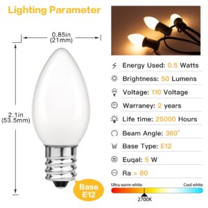 Low Watt Led Light Bulbs 0.5W Equivalent 5W Incandescent Small Night Light Bulb Warm White 2700K Milky C7 Candelabra Led Light Bulbs for Wall lamp Chandeliers E12 Screw Base Low Lumens Light Bulbs