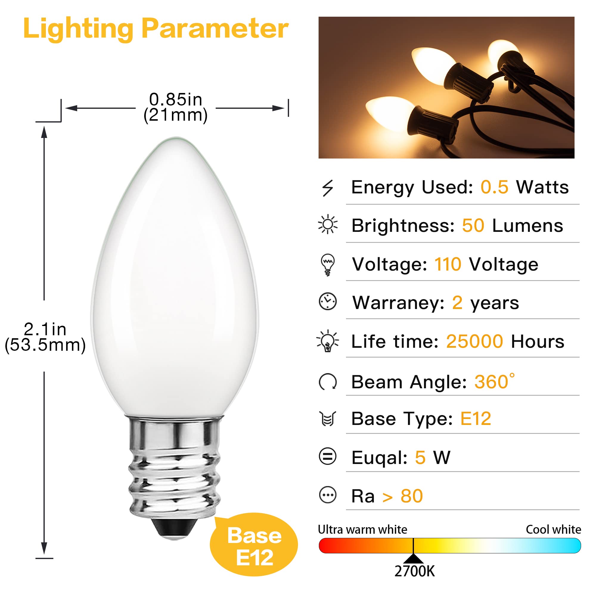 Low Watt Led Light Bulbs 0.5W Equivalent 5W Incandescent Small Night Light Bulb Warm White 2700K Milky C7 Candelabra Led Light Bulbs for Wall lamp Chandeliers E12 Screw Base Low Lumens Light Bulbs