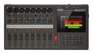 zoom r20 multi track tabletop recorder, with touchscreen, onboard editing, 16 tracks, 6 xlr inputs, 2 combo inputs, effects, synth, drum loops, and usb audio interface.