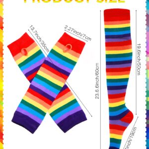 Chuarry 8 Pairs Women's Rainbow Thigh High Socks Fingerless Arm Warmer Set Long Striped High Socks Leg Warmers for Pride Fest(Mixed Color,Classic Style)