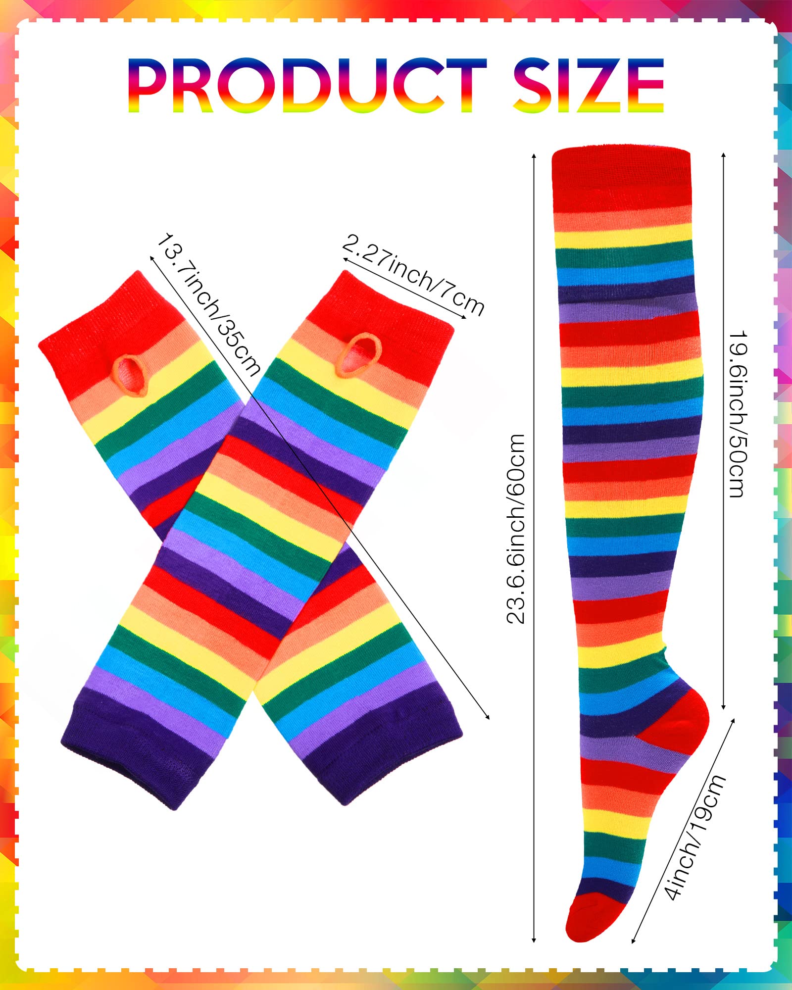 Chuarry 8 Pairs Women's Rainbow Thigh High Socks Fingerless Arm Warmer Set Long Striped High Socks Leg Warmers for Pride Fest(Mixed Color,Classic Style)