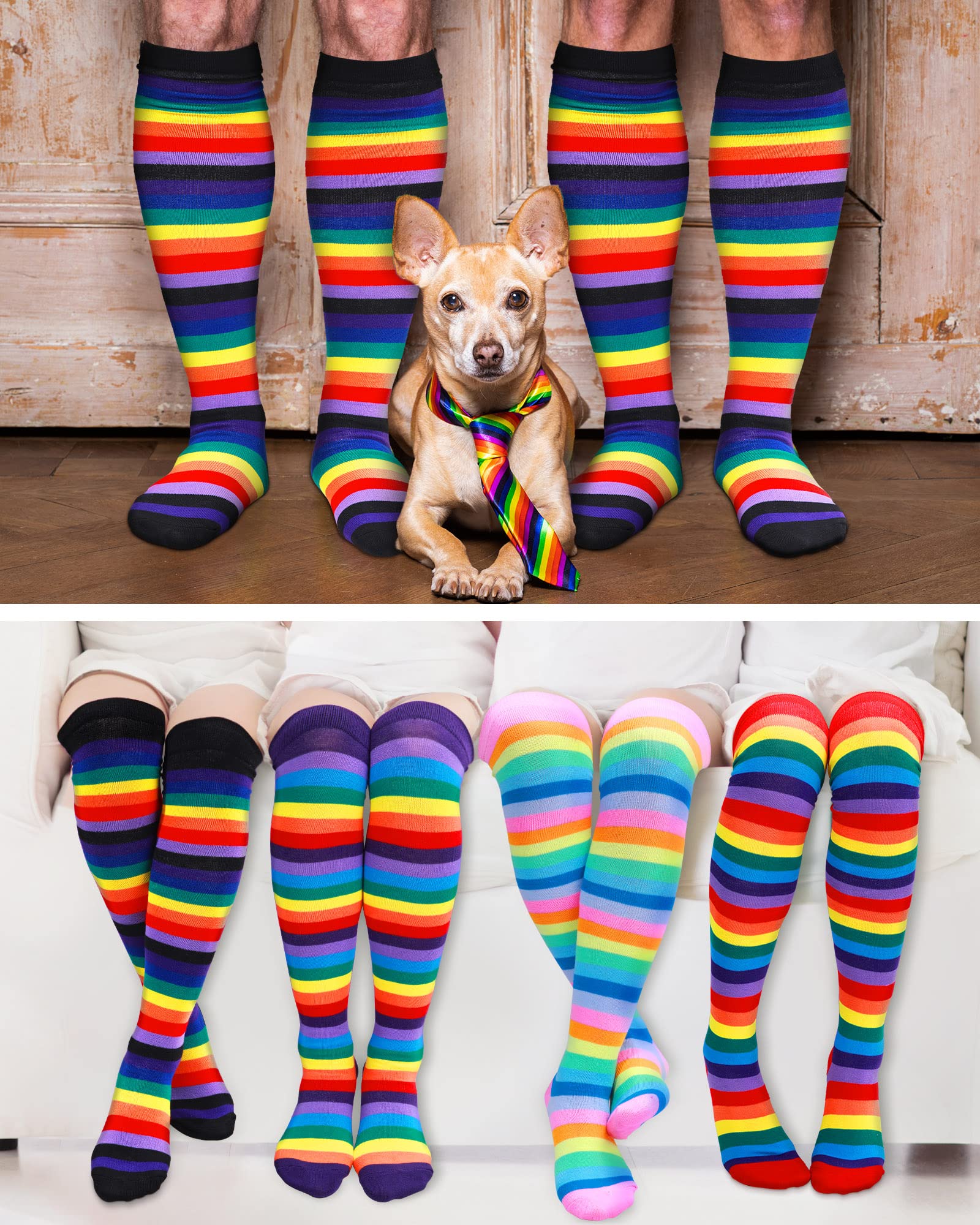 Chuarry 8 Pairs Women's Rainbow Thigh High Socks Fingerless Arm Warmer Set Long Striped High Socks Leg Warmers for Pride Fest(Mixed Color,Classic Style)