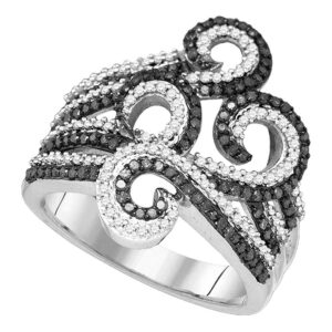 dazzlingrock collection 0.77 carat (ctw) round black & white diamond filled wide swirl curl hollow out vintage cocktail ring for women | 10k white gold, size 6