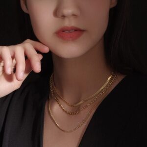 Elegance 11 designs 14k Gold Layered Herringbone Figaro Chain Necklaces Set For Women Real Gold Plated Stainless Steel Choker Flat Snake Chain Gold Non Tarnish Jewelry For Women