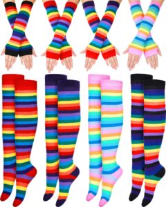 chuarry 8 pairs women's rainbow thigh high socks fingerless arm warmer set long striped high socks leg warmers for pride fest(mixed color,classic style)