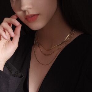 Elegance 11 designs 14k Gold Layered Herringbone Figaro Chain Necklaces Set For Women Real Gold Plated Stainless Steel Choker Flat Snake Chain Gold Non Tarnish Jewelry For Women