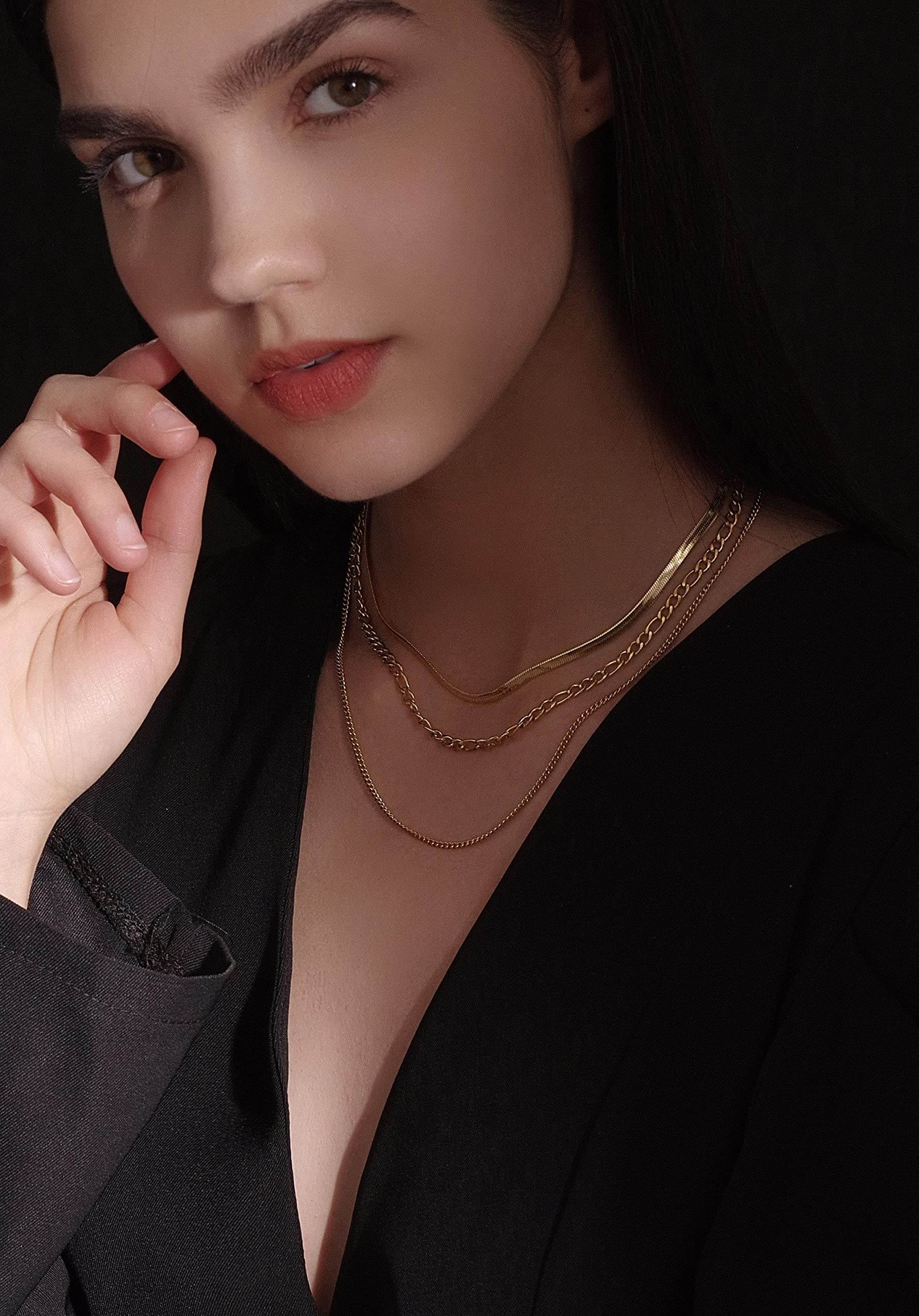 Elegance 11 designs 14k Gold Layered Herringbone Figaro Chain Necklaces Set For Women Real Gold Plated Stainless Steel Choker Flat Snake Chain Gold Non Tarnish Jewelry For Women