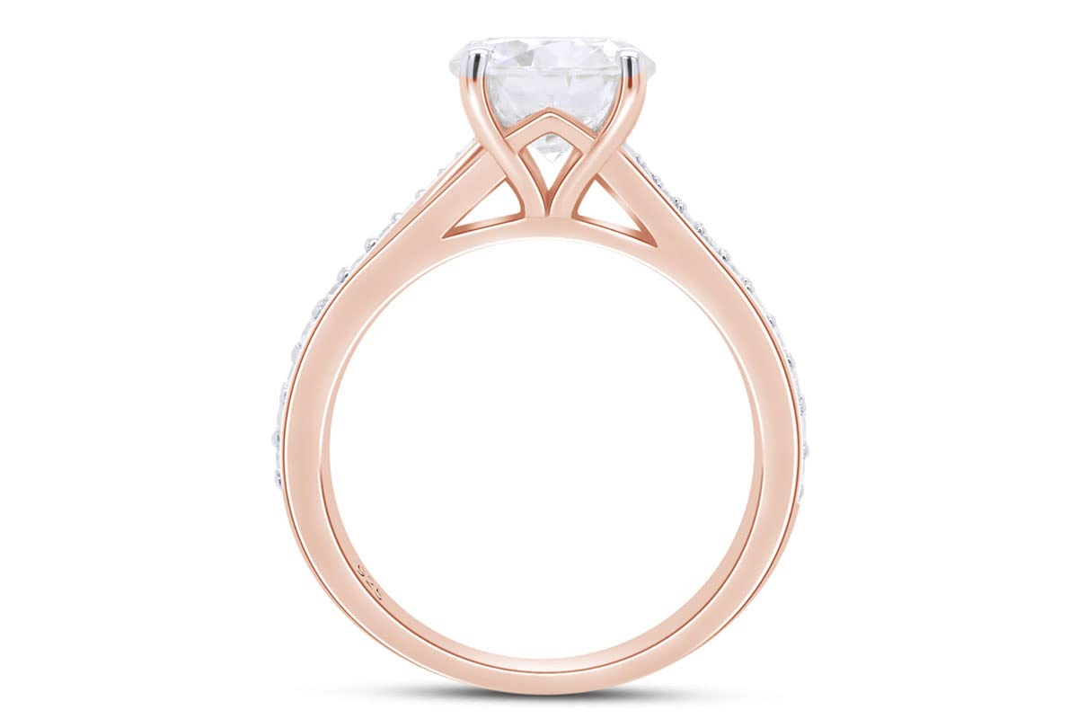 SAVEARTH DIAMONDS 2 Carat Round Cut Lab Created Moissanite Diamond Split Shank Solitaire Engagement Ring In 14K Rose Gold Plated 925 Sterling Silver Jewelry (G-H Color, 2.00 Cttw) Ring Size -6.5