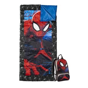 exxel marvel spiderman superhero kids outdoor youth sized 2 piece camping set with matching sleeping bag and carrying backpack, multicolor