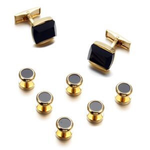 simple black agate tuxedo cufflinks & studs set basic silver formal set yw42g (soft square set gold)