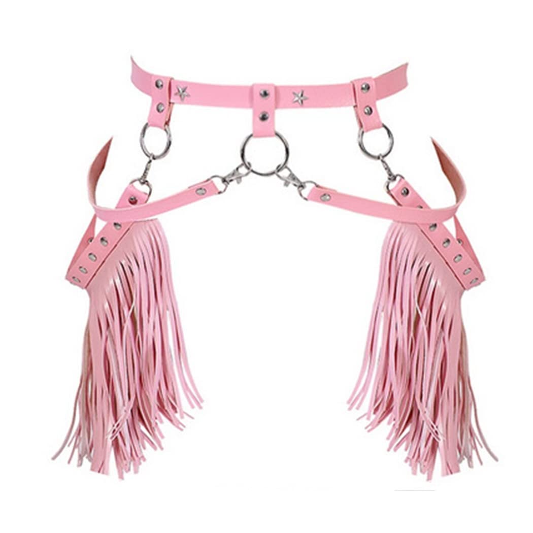 Asooll Punk Leather Waist Chain Black Tassel Fringe Belt Rave Belly Belt Harness Bikini Party Prom Body Accessories for Women and Girls (Pink)