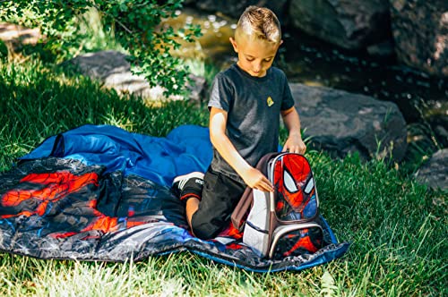 Exxel Marvel Spiderman Superhero Kids Outdoor Youth Sized 2 Piece Camping Set with Matching Sleeping Bag and Carrying Backpack, Multicolor