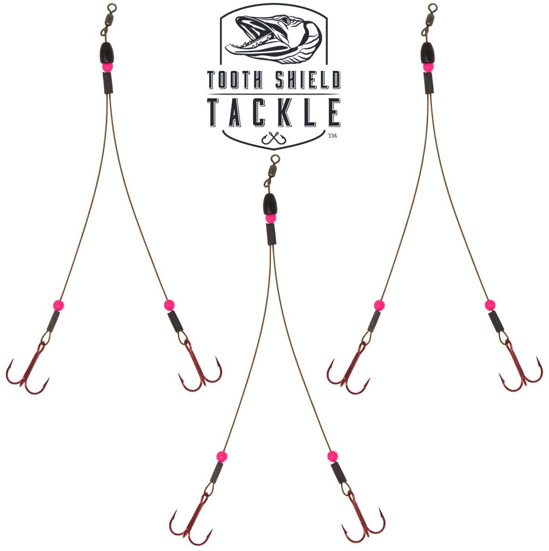 Tooth Shield Tackle Tungsten Weighted Ice Fishing Tip Up Leader Rig (90 lb) Ice Fishing Sucker Walleye Pike Musky Predator Rig (3 Pack) (Camo/Pink Bead/Predator Rigs) (Hook Size: 1/0)