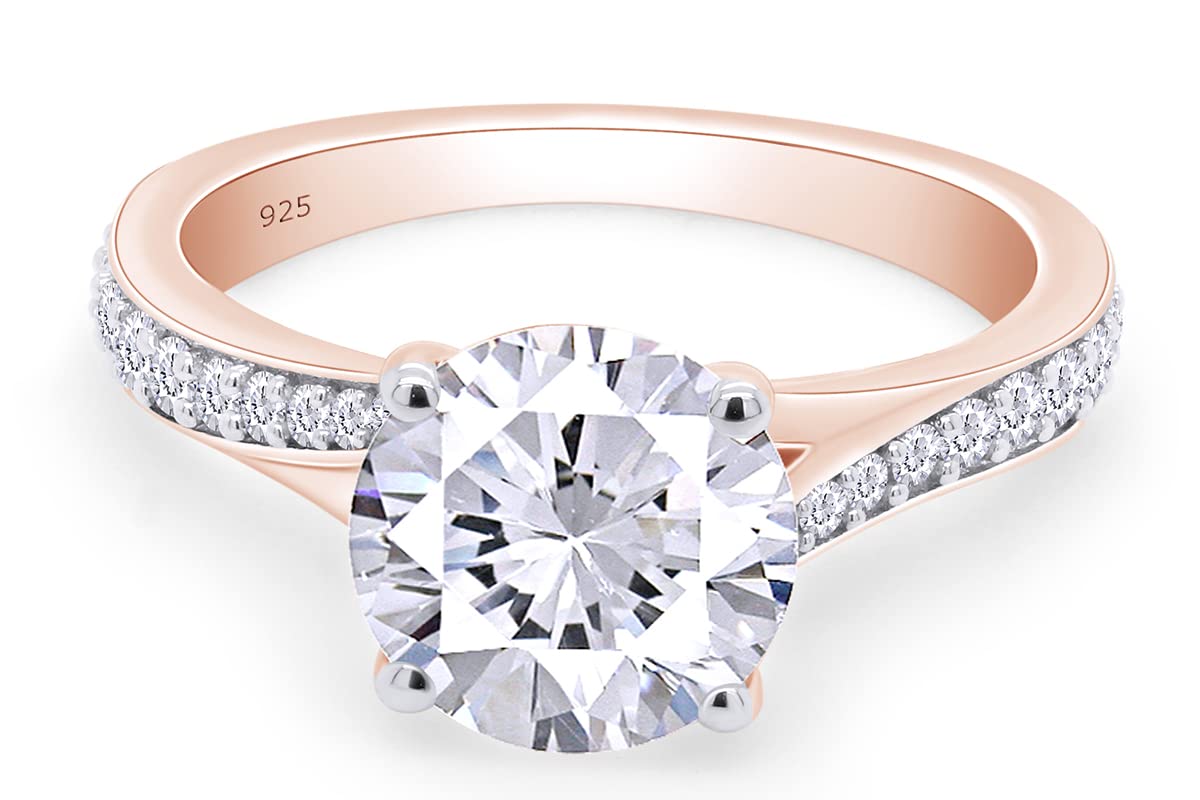 SAVEARTH DIAMONDS 2 Carat Round Cut Lab Created Moissanite Diamond Split Shank Solitaire Engagement Ring In 14K Rose Gold Plated 925 Sterling Silver Jewelry (G-H Color, 2.00 Cttw) Ring Size -6.5