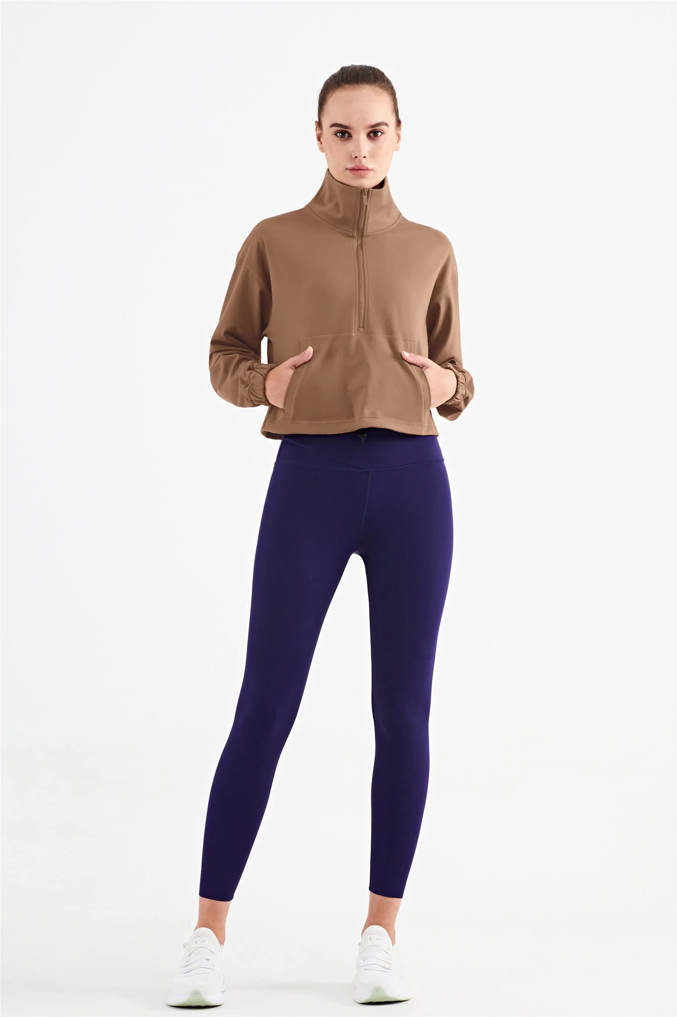 altiland Half Zip Pullover Cropped Jackets for Women Long Sleeve Workout Athletic Running Yoga Shirts (S, Cocoa Brown)