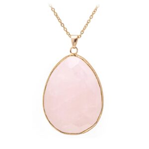 paialco faceted cut natural rose quartz crystal big flat drop pendant necklace, yellow gold gilt