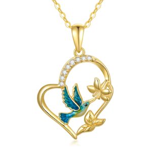 ydd 14k solid gold hummingbird necklaces for women gold hummingbird heart pendant bird necklace 16''-18"