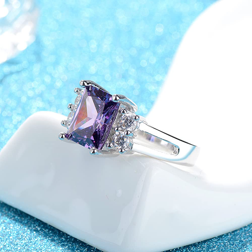 WDIYIEETN Emerald Cut Created Amethyst CZ Crystal Wedding Rings 925 Sterling Silver Solitaire Purple Diamond Engagement Rings (9)