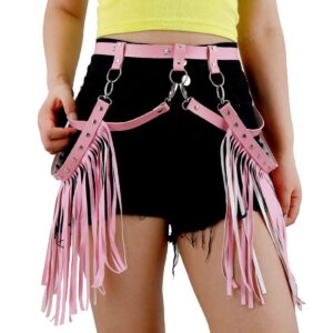 Asooll Punk Leather Waist Chain Black Tassel Fringe Belt Rave Belly Belt Harness Bikini Party Prom Body Accessories for Women and Girls (Pink)