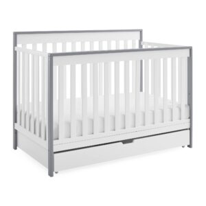 delta children mercer 6-in-1 convertible crib with storage trundle, greenguard gold certified, bianca white/grey