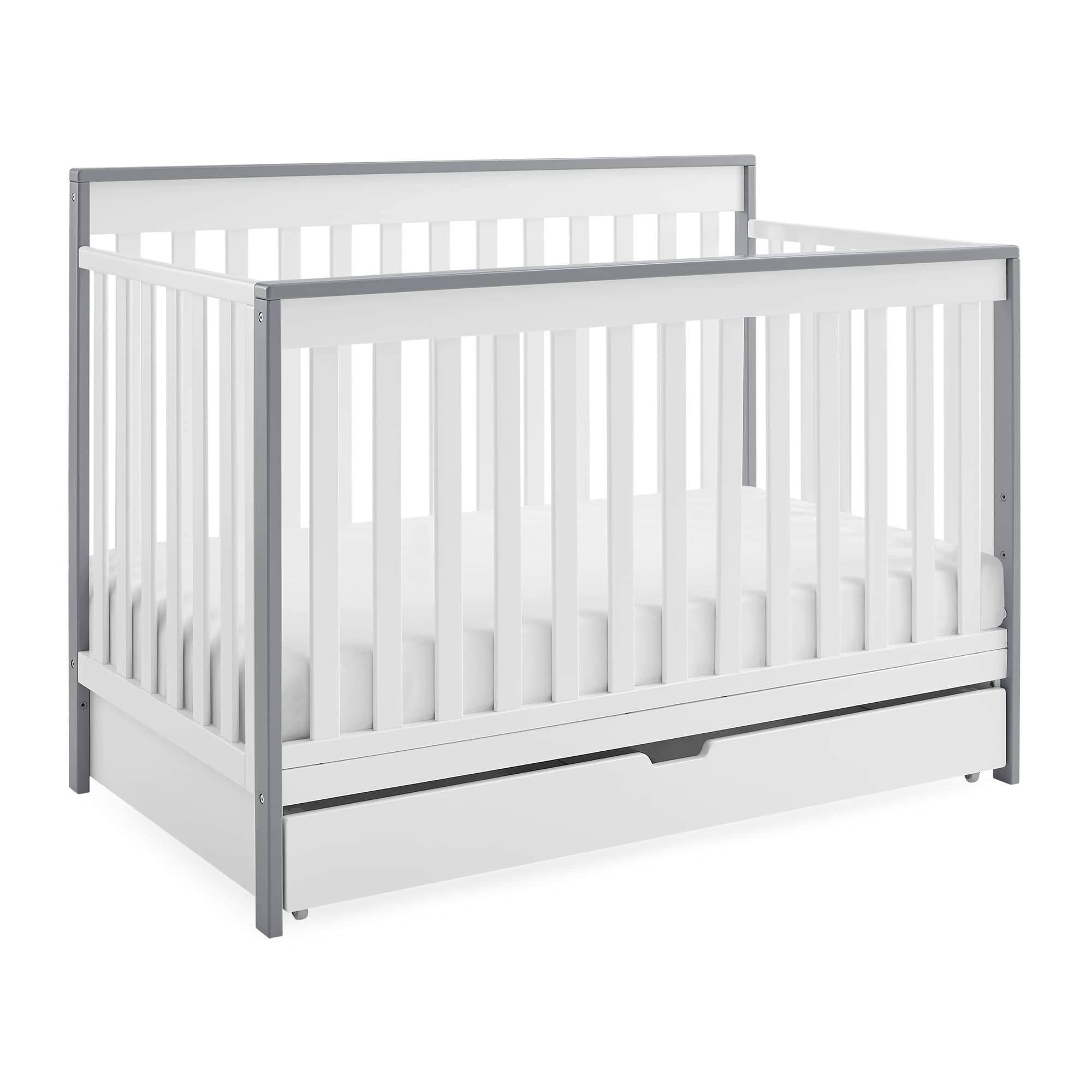 Delta Children Mercer 6-in-1 Convertible Crib with Storage Trundle, Greenguard Gold Certified, Bianca White/Grey