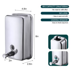 VANNSOO Commercial Soap Dispenser Wall Mount Stainless Steel Manual Liquid Pump Rust-Proof Leak Free for Bathroom (34 fl.oz./1000ml)