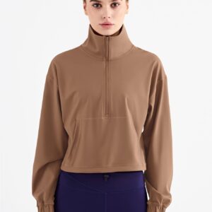 altiland Half Zip Pullover Cropped Jackets for Women Long Sleeve Workout Athletic Running Yoga Shirts (S, Cocoa Brown)