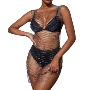 zoestar rhinestone body chains crystal mesh coverup glitter fishnet party dress hollow bikini swimsuit sparkly elastic belly body chain for women(black)