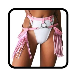 asooll punk leather waist chain black tassel fringe belt rave belly belt harness bikini party prom body accessories for women and girls (pink)