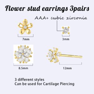 925 Sterling Silver Post Flowers Stud Earrings 14k Gold Plated 3 Pair Earrings Set for Women Hypoallergenic Cubic Zirconia Tiny Snowflake Earring for Girl